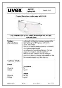 Uvex 9172-110 Super G Safety Glasses Data Sheet - Safety Supplies | PPE ...